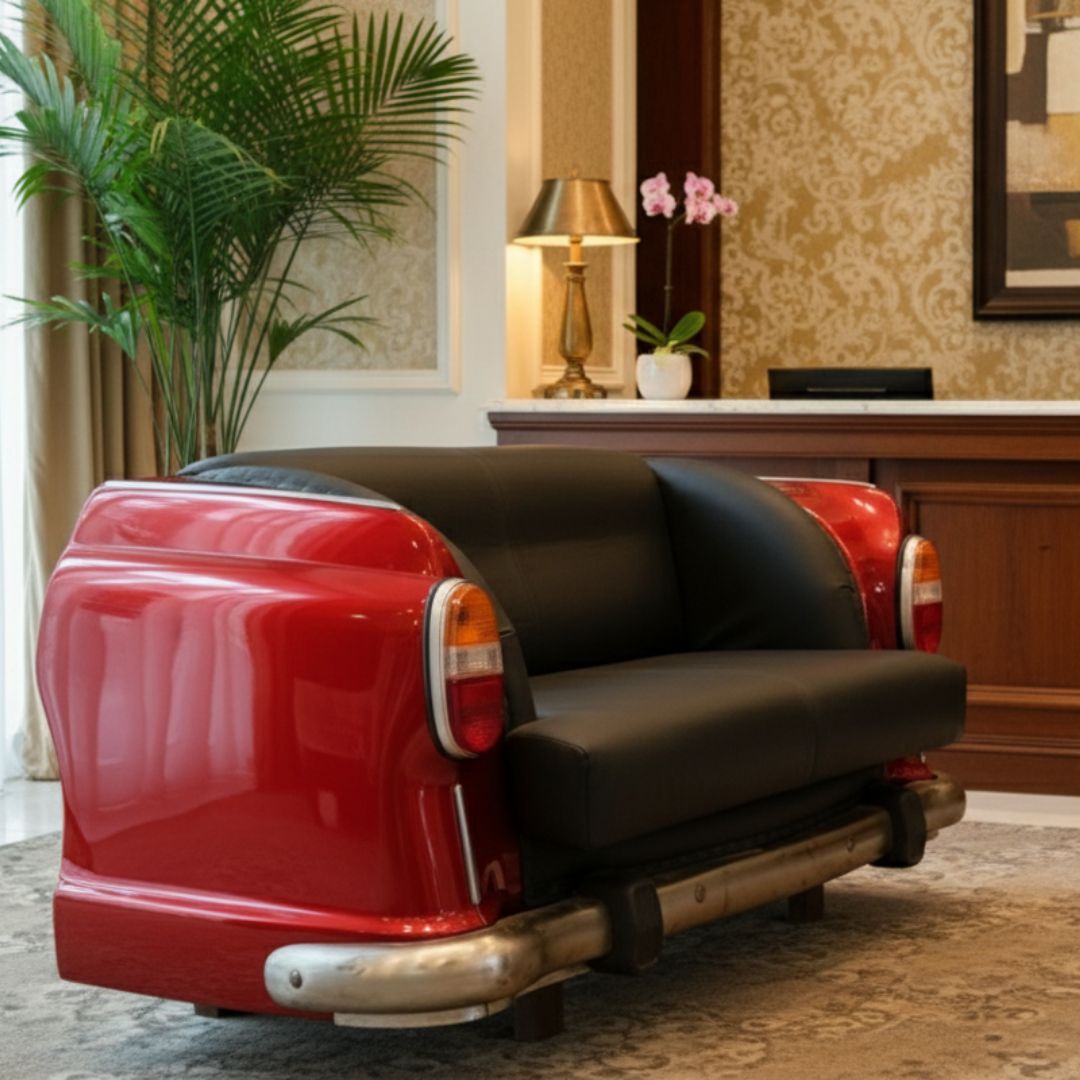 Red Classic Car Trunk Sofa Black Leather Auto Art Seating – Hansart